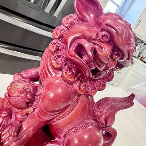 Set Of Vintage Asian Chinese Foo Dog Cinnabar Red Heavy 7” Resin Figure ...