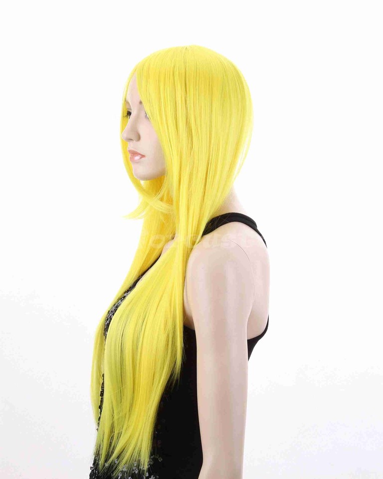 30 inch Long Yellow wigs with bangs Cosplay Hair Wig+Cap halloween ...