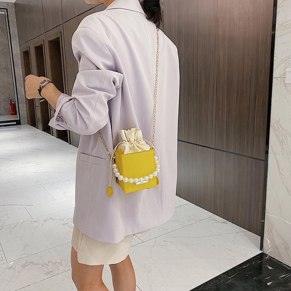 Women Square Box Shoulder Bag PU Pearl Chain Mini Drawstring Tote ...