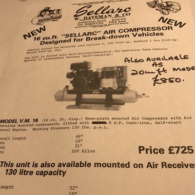 Sellarc 16 & 20 Cu ft Air Compressors W Bateman & Co Original 1980s ...