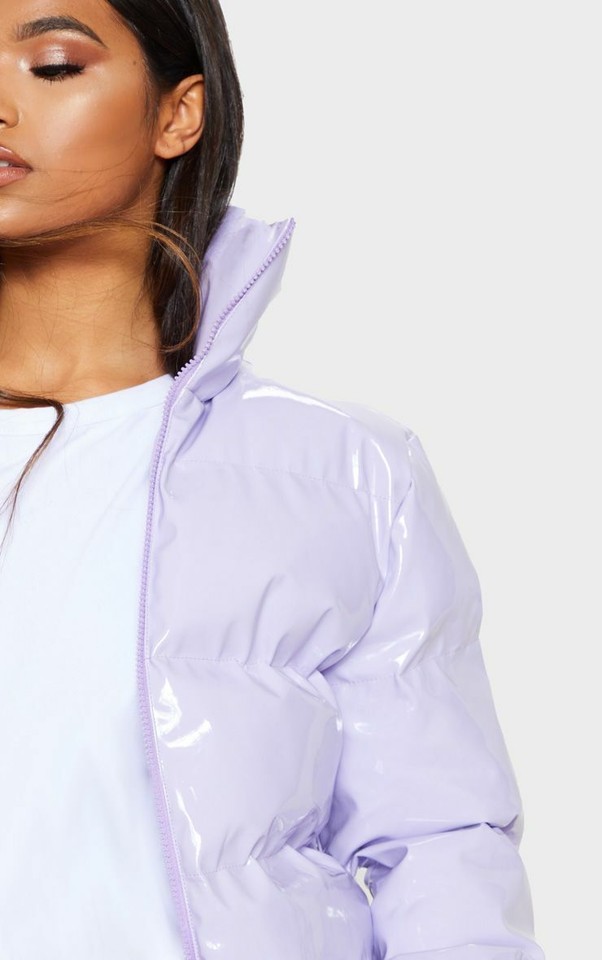 Women Shiny Wet Look Vinyl Thick Puffer Padded Quilted Cropped Short ...