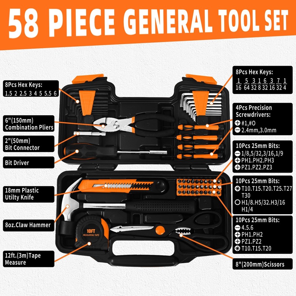 58-Piece Tool Kit Basic Home Repair Tool Set, General Household Hand ...