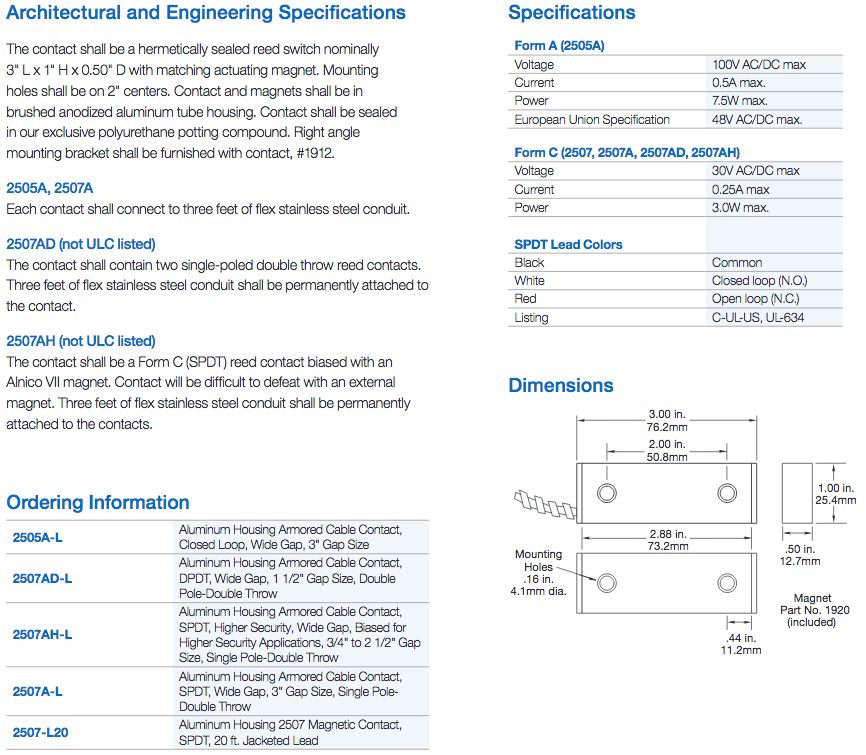 2507AH-L GE Sentrol Magnetic Contact Aluminum Housing Armored Cable ...