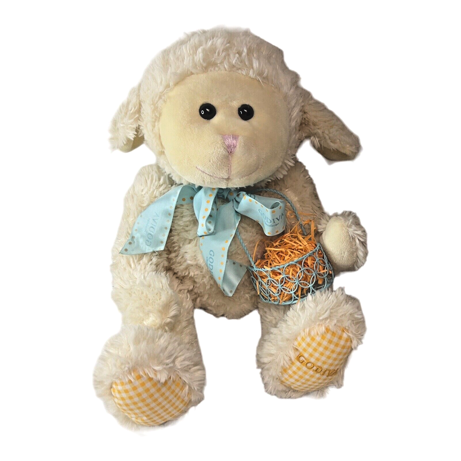 Godiva Chocolate Easter Plush White Lamb Sheep Blue Wire Basket Stuffed ...