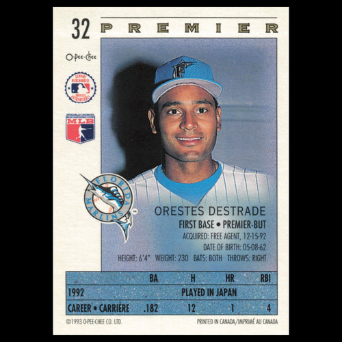 Orestes Destrade #32 1993 O-Pee-Chee Premier Florida Marlins Baseball ...