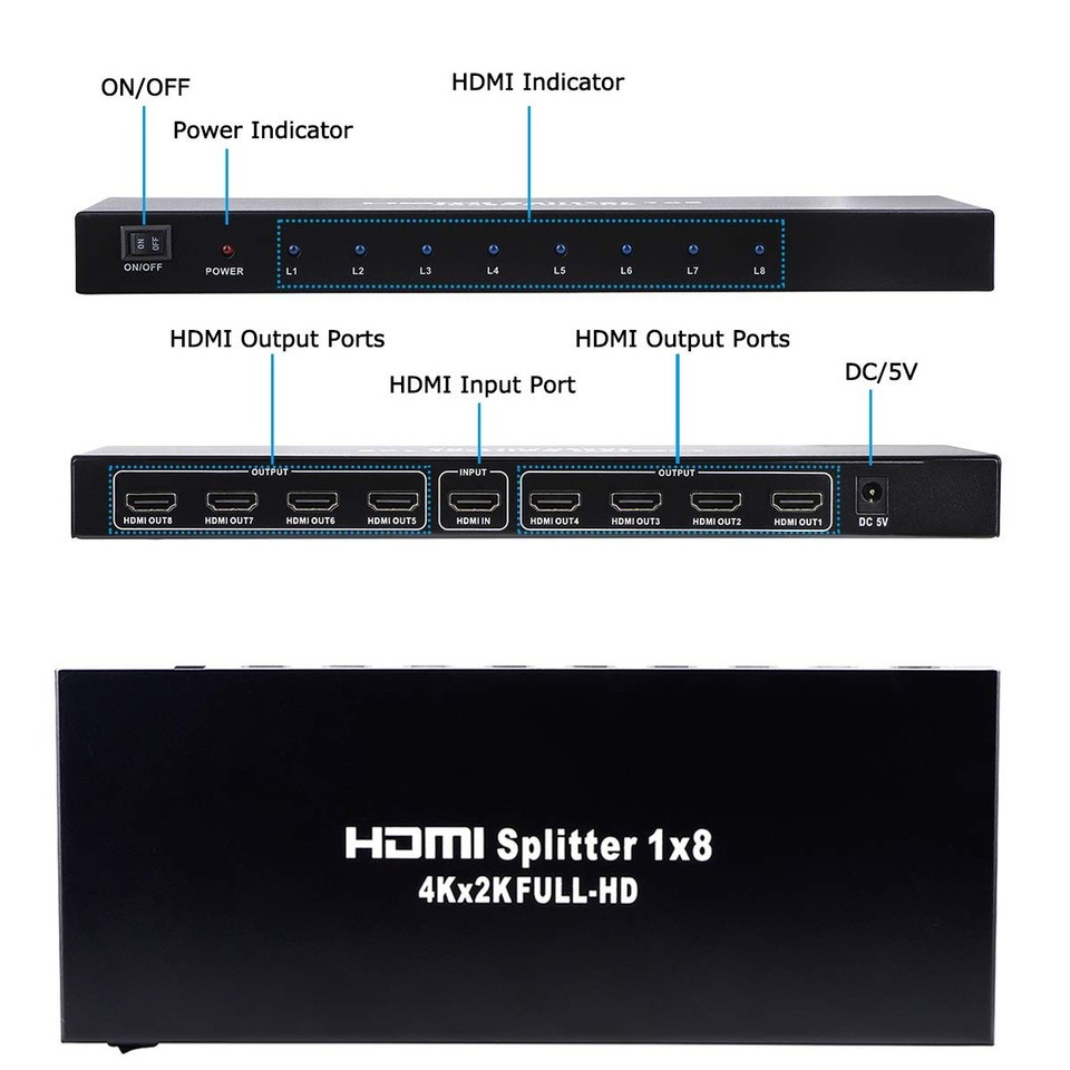1x8 HDMI Splitter, 1 in 8 Out HDMI Splitter Audio Video Distributor ...