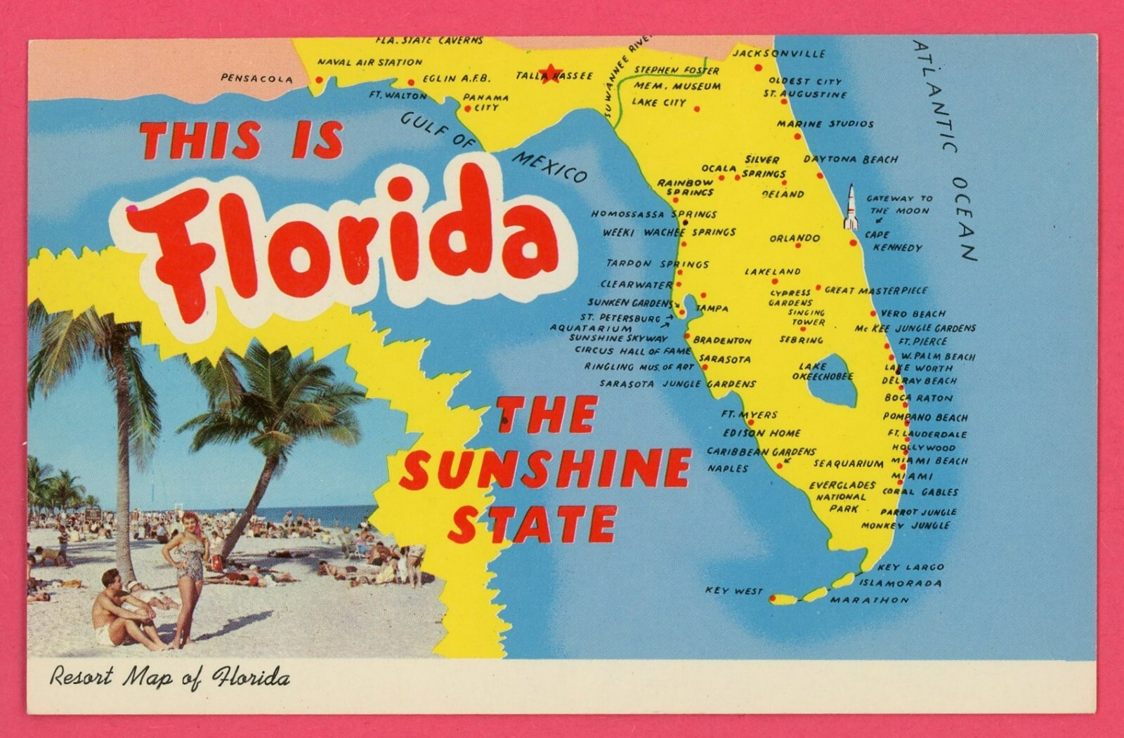 Florida State Map Postcard Beach Scene | eBay