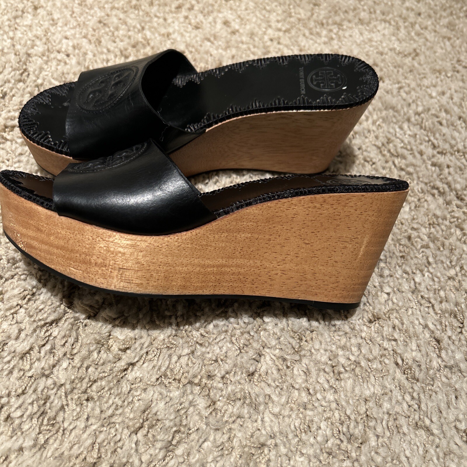 Tory Burch Black Leather Wood Wedge Slides Size 6.5 - Gem