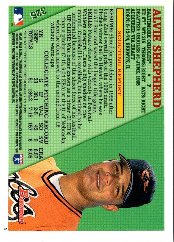 1996 Bowman Alvie Shepherd #325 Baltimore Orioles Baseball Card | eBay