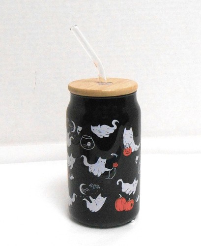Prima Design Halloween Cat Ghosts Black Glass Sipper Tumbler, Bamboo ...