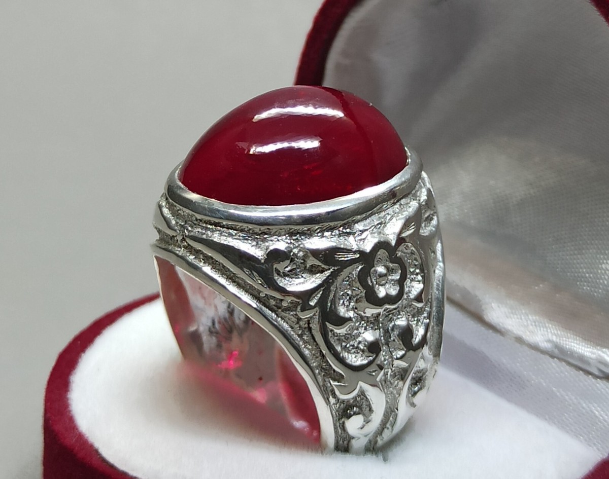 Cabochon Deep Red Ruby 925 Sterling Silver Handmade Ring Cabochon Deep Red Ruby 925 Sterling Silver Handmade Ring