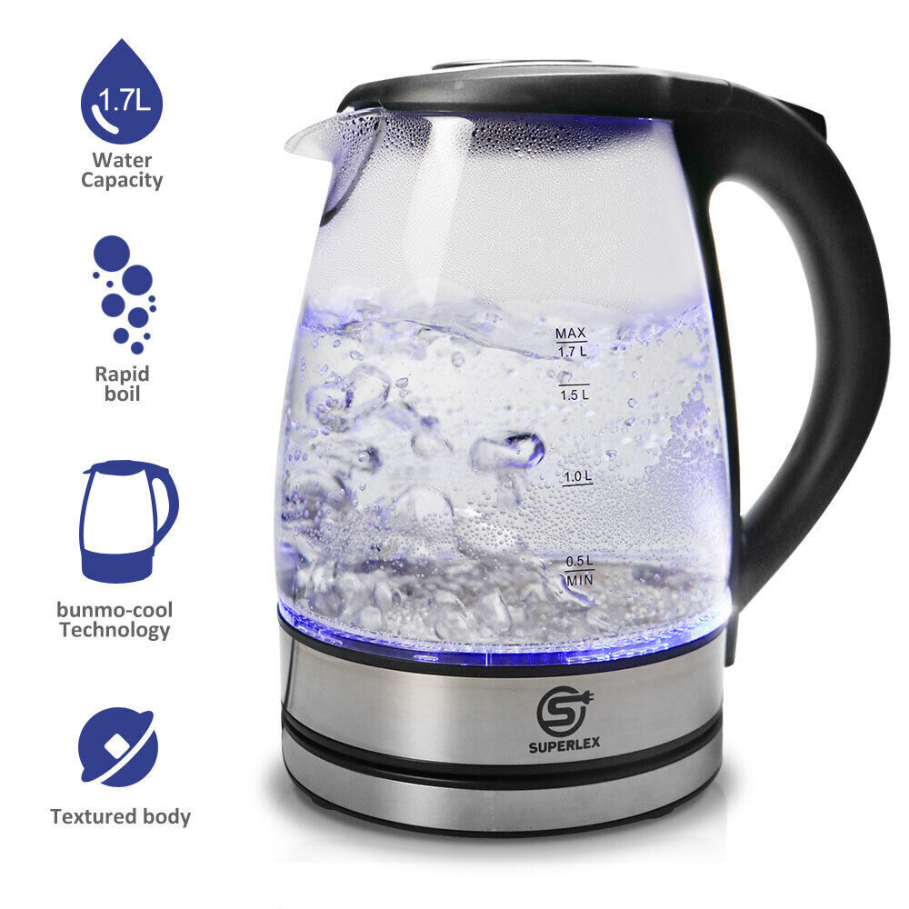 Blue LED Illuminated Electric Glass Kettle Jug Cordless Rapid Boil 1.7 ...