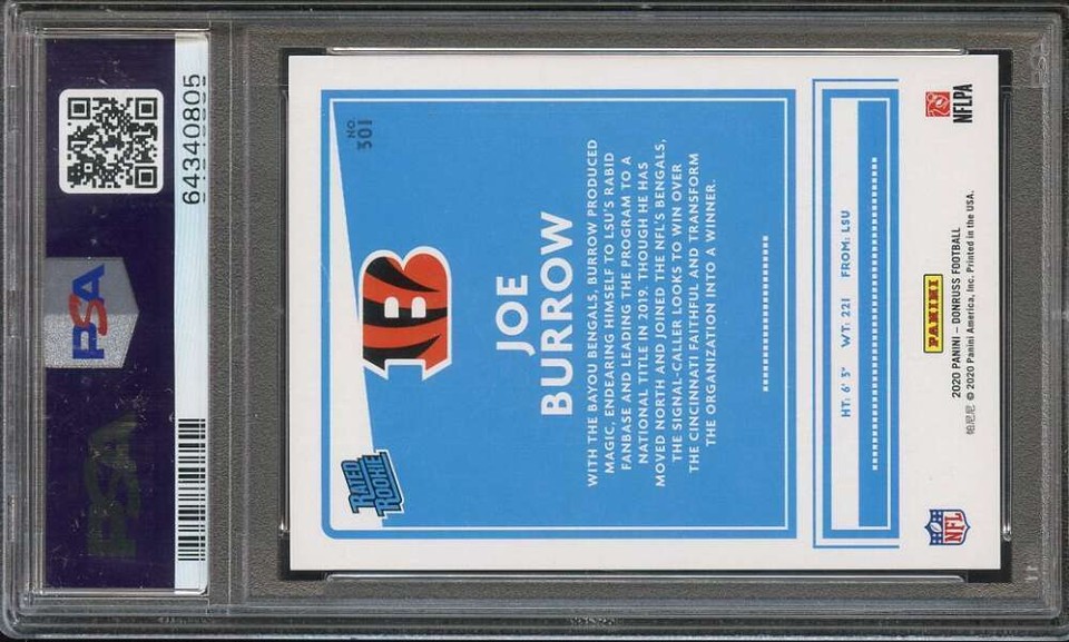 PSA 10 JOE BURROW (RC) 2/9 2020 DONRUSS JERESEY NUMBER #301 POP 1 | eBay