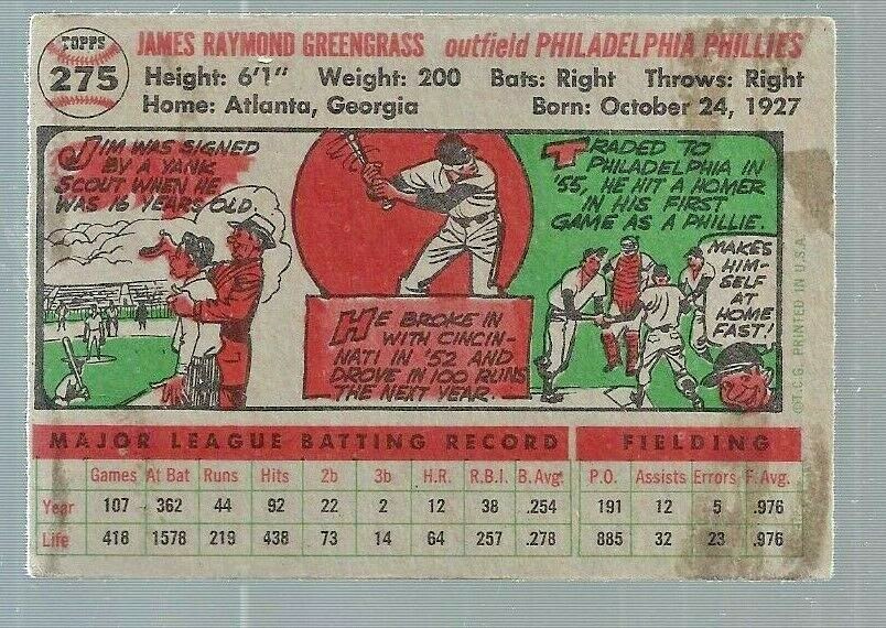 Jim Greengrass 1956 Topps MLB Card # 275 Phillies | eBay