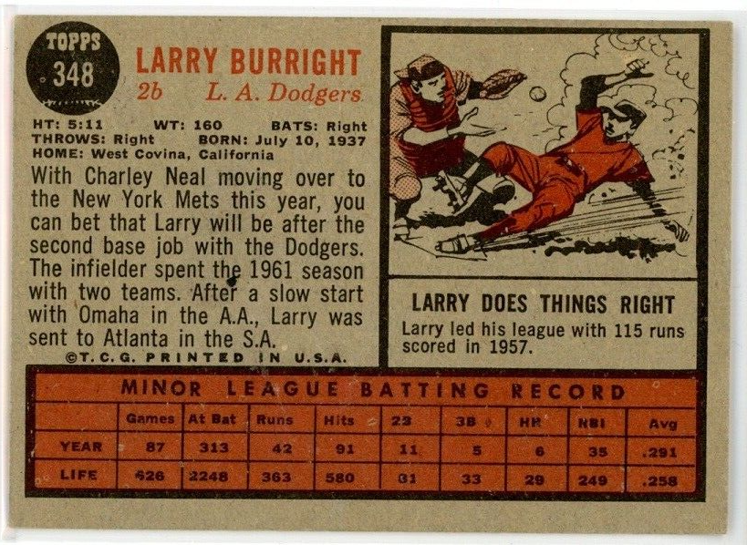 1962 Topps Baseball Larry Burright RC #348 VG | eBay