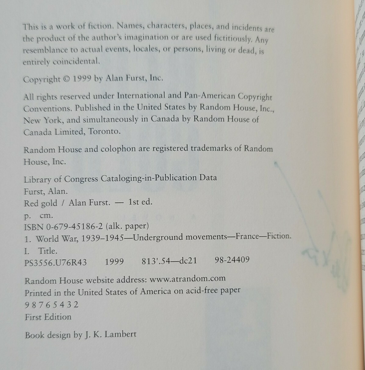 Signed Red Gold by Alan Furst 1st Printing First Edition Fine/Fine 1999 ...