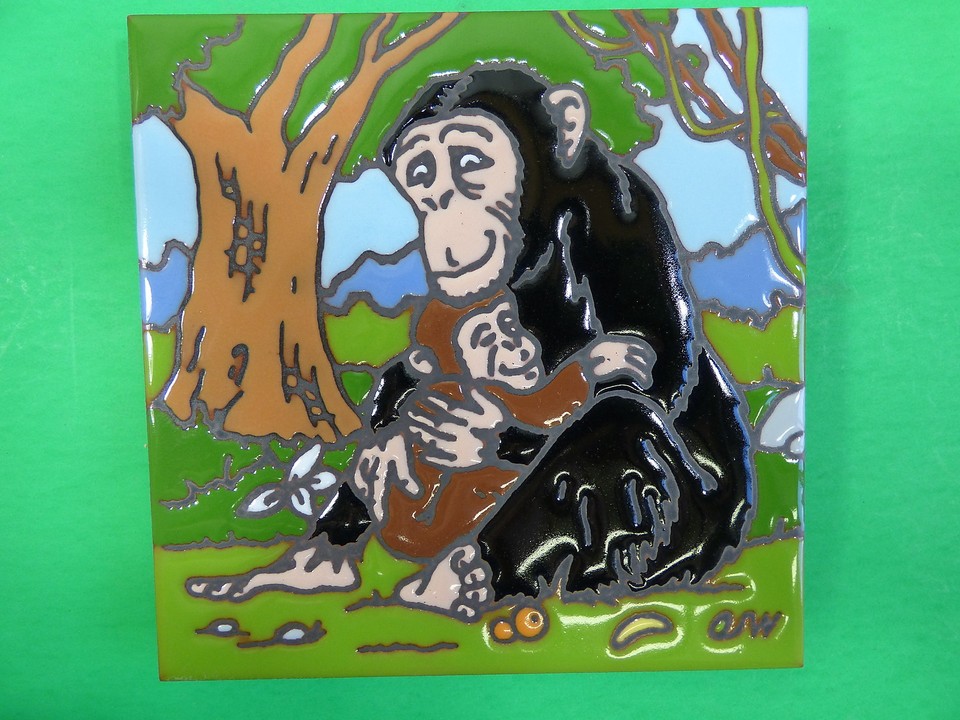 Ceramic Art Tile 6"x6" Monkey Chimpanzees with baby chimp cute hand ...