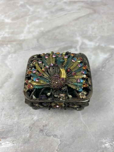 Bejeweled PEACOCK Metal Trinket Box w/ Sparkling, Colorful Crystals | eBay