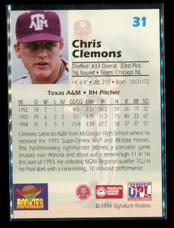 Vintage 1994 SIGNATURE RC AUTOGRAPH Baseball Card #31 CHRIS CLEMONS ...
