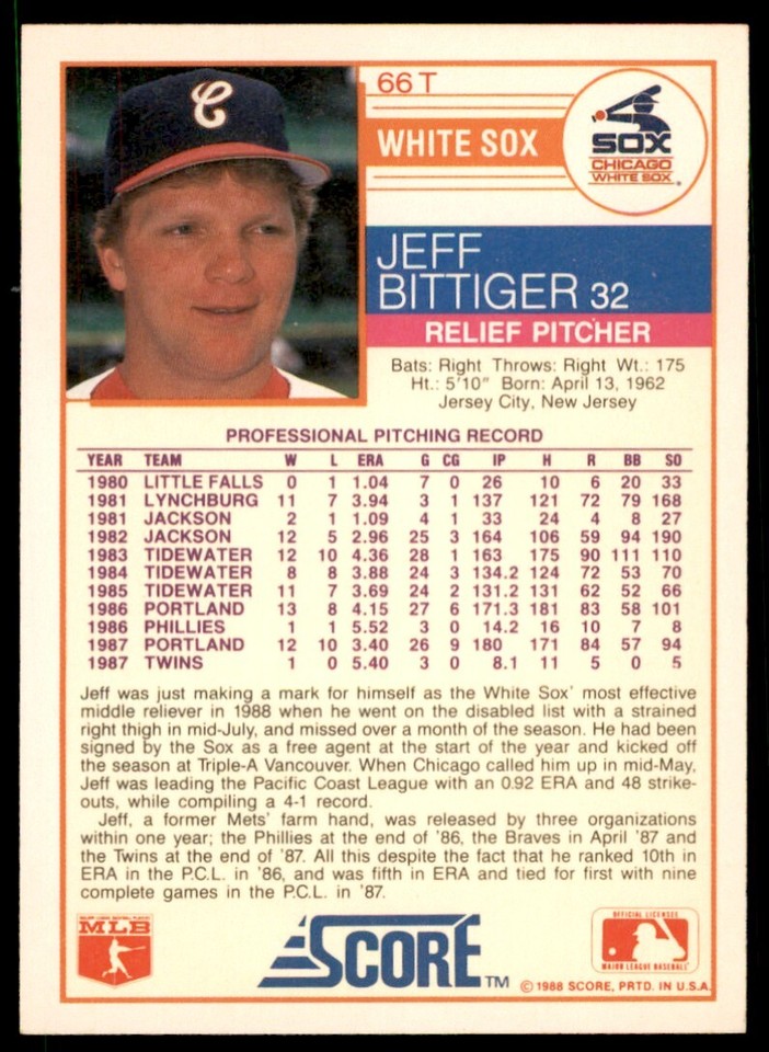 1988 SCORE. TRADED JEFF BITTIGER CHICAGO WHITE SOX #66T | eBay