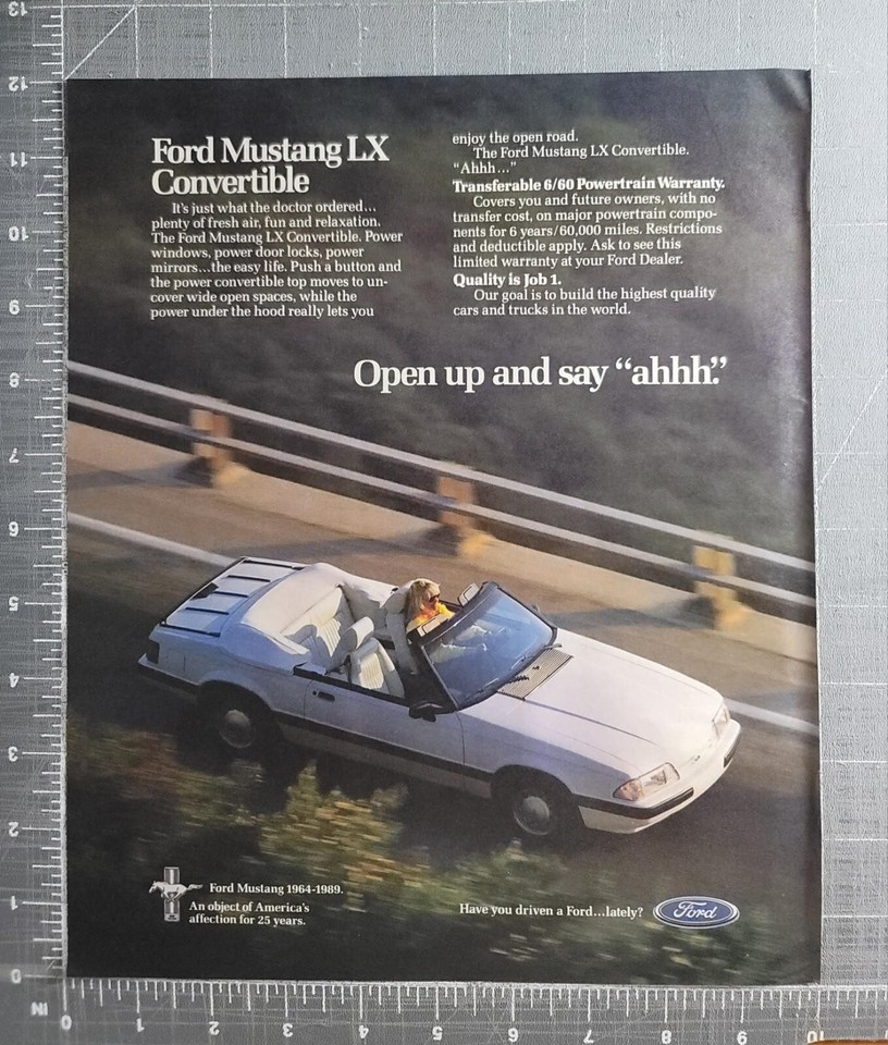 1989 Ford Mustang LX Convertible Print Ad Lady driving white mustang ...