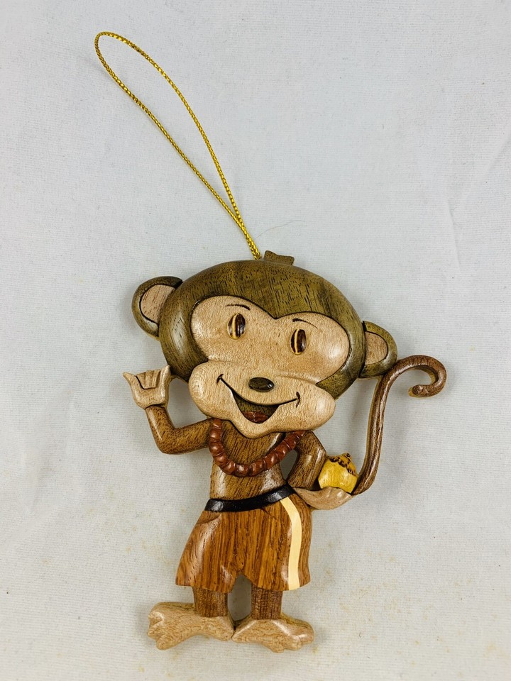 Hawaiian Hula Monkey Hang Loose Shaka Wood Art Christmas Tree Ornament ...