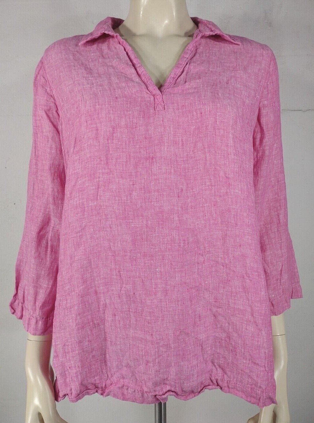 Tahari pink 100% Linen 3/4 sleeve blouse collared V-N… - Gem