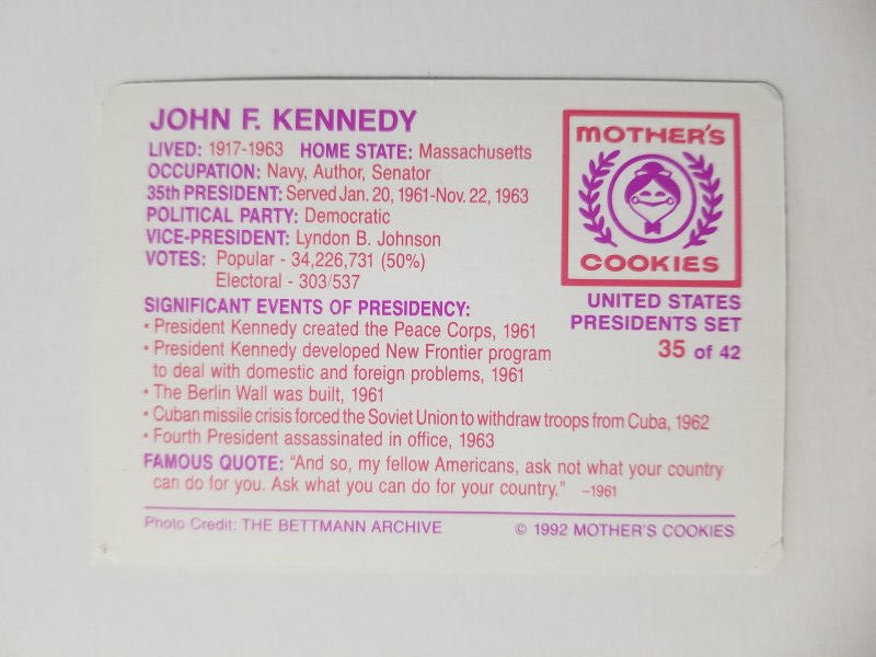 1992 MOTHER'S COOKIES U.S. PRESIDENTS TRADING CARD #35 JOHN F. KENNEDY ...