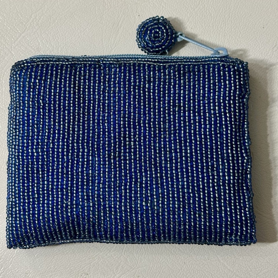 Vtg Glass Seed Bead Coin Purse Black Cat Red Bow Blue Wallet Fully ...