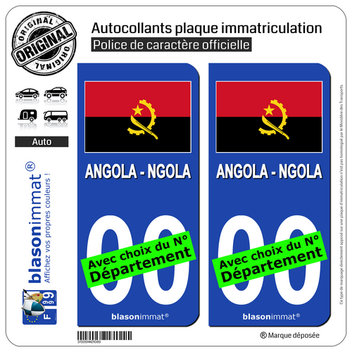 2 Stickers autocollant plaque immatriculation Auto : Angola - Drapeau ...