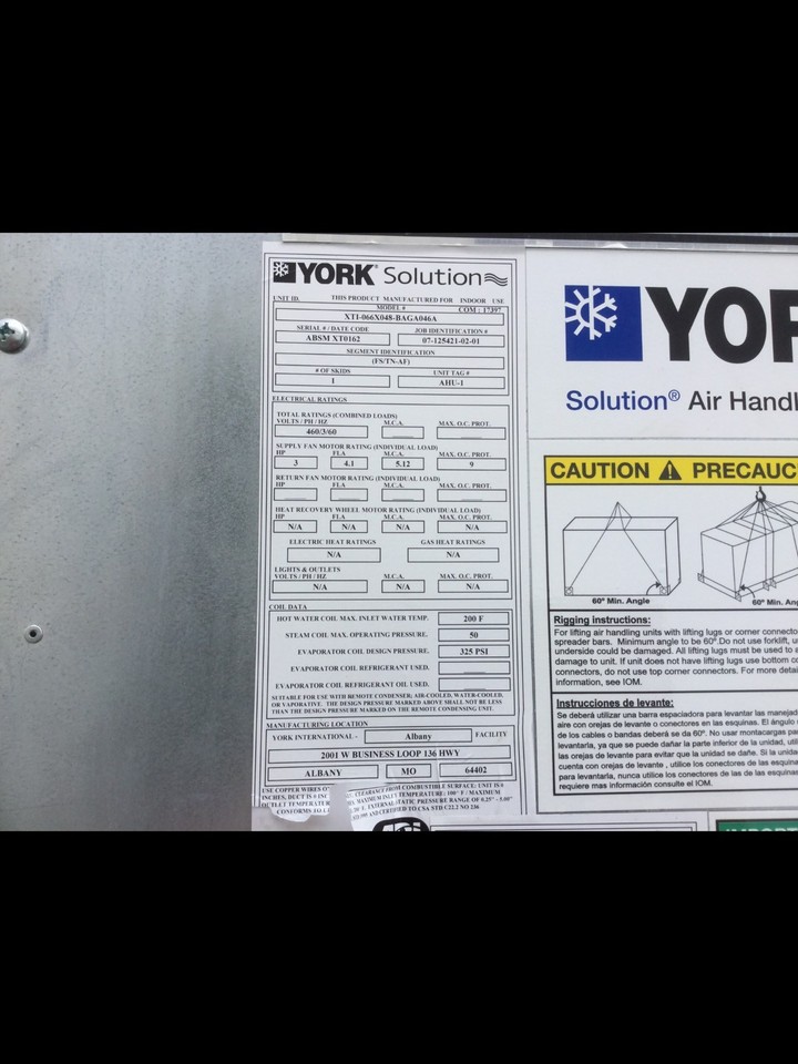 York Air Handling Unit - Model XTI-066X048-BAG4046A (WANT IT GONE) | eBay