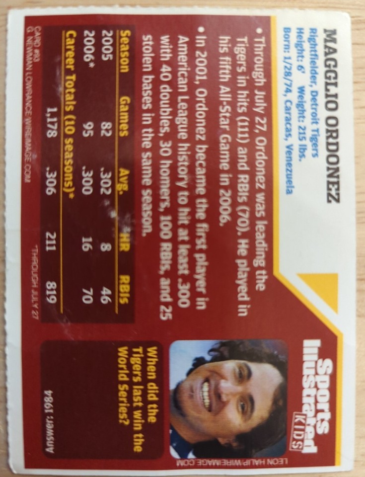 Magglio Ordonez Detroit Tigers #93 Sports Illustrated for Kids. Free ...