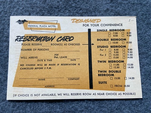 Federal Plaza Motel Reservation Card, Springfield, Massachusetts ...