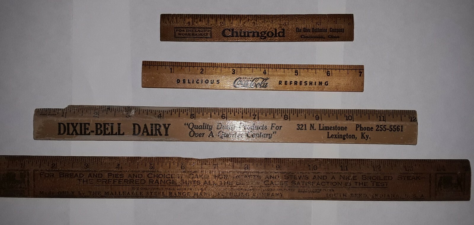 4 vintage advertising rulers Coca Cola Churngold Malleable Steel Range ...