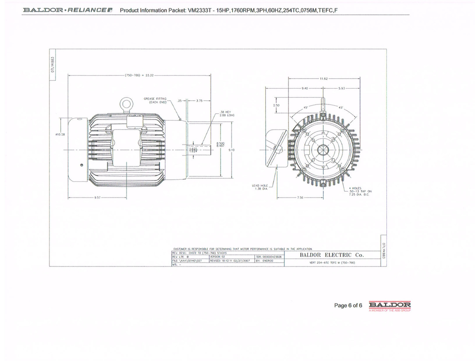 baldor motor 15 hp, VM2333T, 230/460v, 1760 rpm, 254TC Frame , 1- 5/8 ...