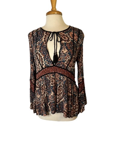 Women's American Eagle Rust & Blue Print Top Bell Sleeves Peasant Boho ...