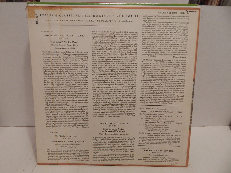 Viotti Albinoni Durant Newell Jenkins Italian Chamber Orchestra 1955 ...
