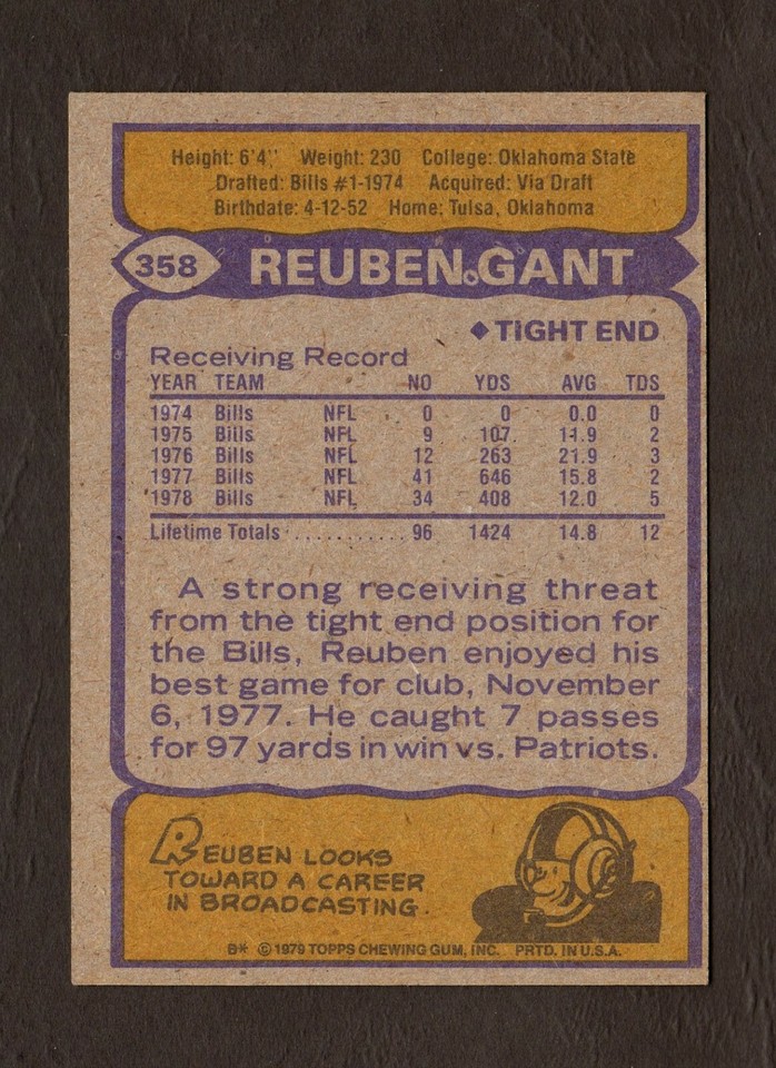 1979 Topps Football Card #358 Reuben Gant - Buffalo Bills | eBay
