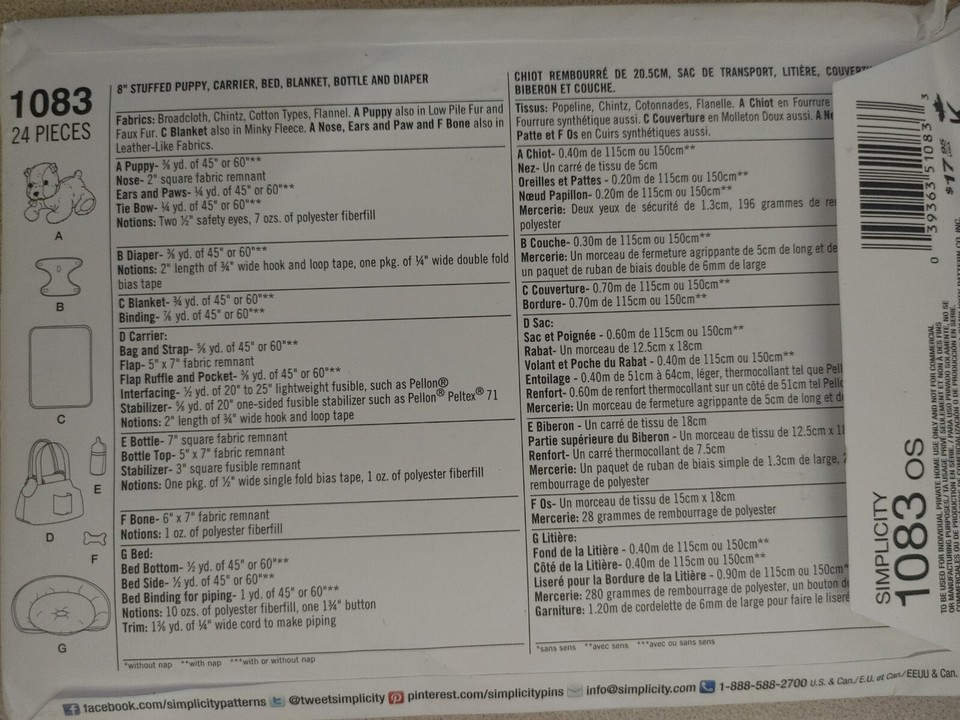 Simplicity Pattern 1083 Stuffed Plush Puppy Dog Toy Carrier Bed Blanket ...