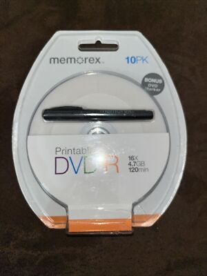 10-pk Memorex Printable DVD-R; 16x 4.7GB 120m Bonus Marker New In ...
