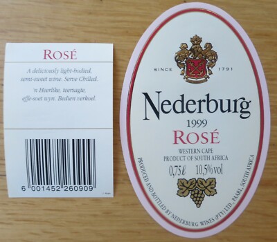 Etiquette Vin SOUTH AFRICA NEDERBURG Rose 1999 Western Cape Paarl Wine ...