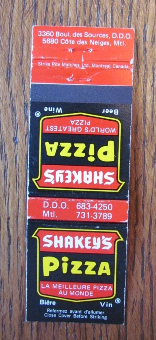 SHAKEY'S PIZZA MATCHBOOK COVER: MONTREAL & D.D.O. EMPTY MATCHCOVER -C18 ...
