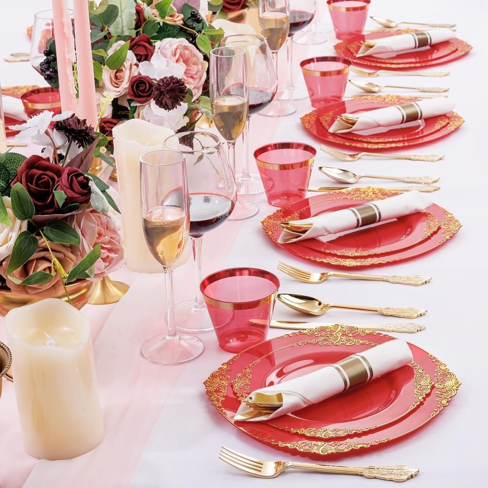 Elegant Red Gold Plastic Plates for 25 Guests | eBay