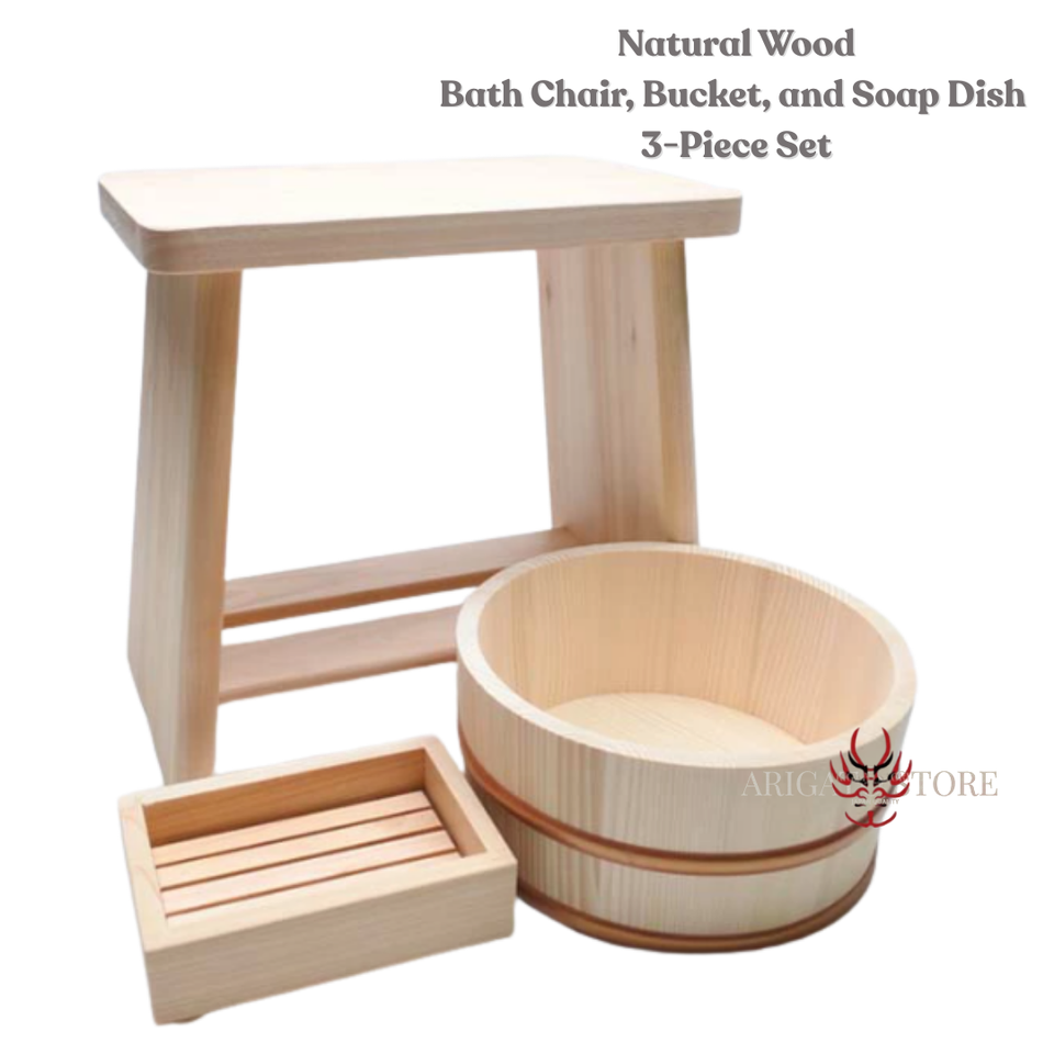 Japanese Oke wood Bath Yuoke Chair Soup box - 3pic SET Onsen Tools Made ...
