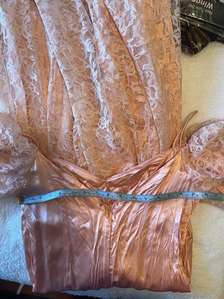 Vintage 80s Prom Dress Peach Lace Party Puffy Sleeve Ruched Satin sz 11 ...