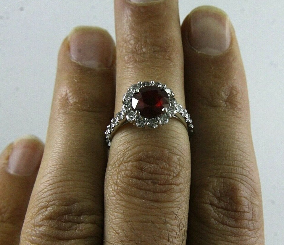 Natural Round Red Ruby & Diamond Halo Solitaire Ring 14k White Gold 4 ...