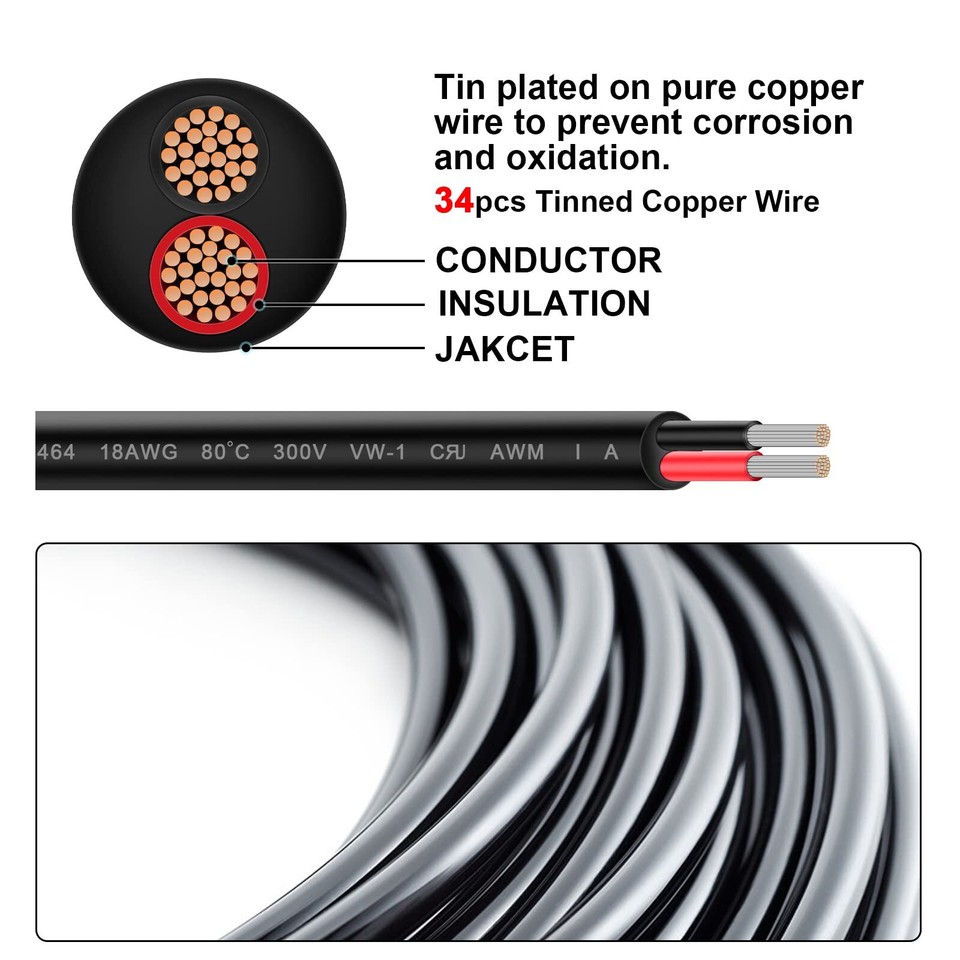 18 Gauge Electrical Wire, 100FT Stranded Tinned Copper Wire, Flexible ...