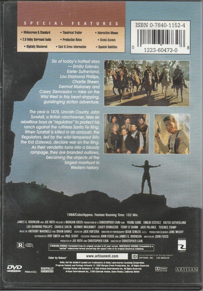Young Guns DVD 2001 Widescreen Full Screen Emilio Sutherland Sheen Lou ...