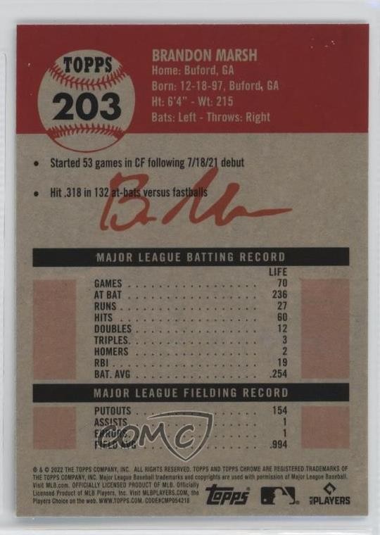 2022 Topps Chrome Platinum Anniversary Brandon Marsh #203 g9n | eBay