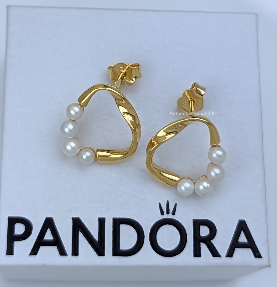 New 100% PANDORA Gold Organically Shaped Circle & Pearl Stud Earrings ...